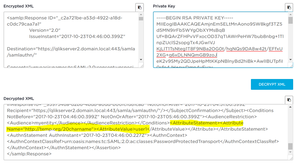 Qlik Sense: How to decrypt a SAML assertion or error message
