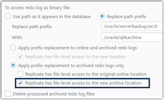 Qlik Replicate set to apply prefix replacement to archived redo logs only but uses online redo ...