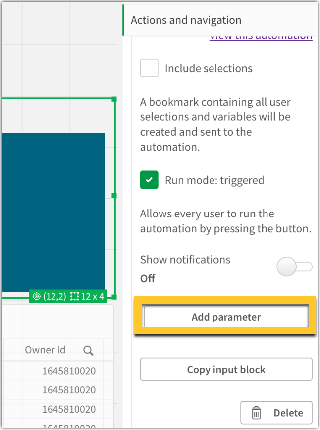 How to run an automation with custom parameters through the Qlik Sense button
