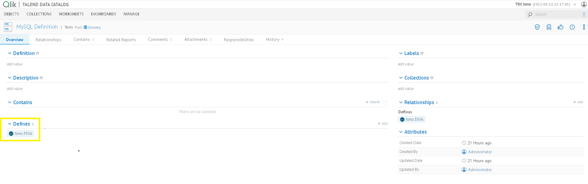 Qlik Talend Product: "Defines" in Talend Data Catalog 8.1 shows Host ...