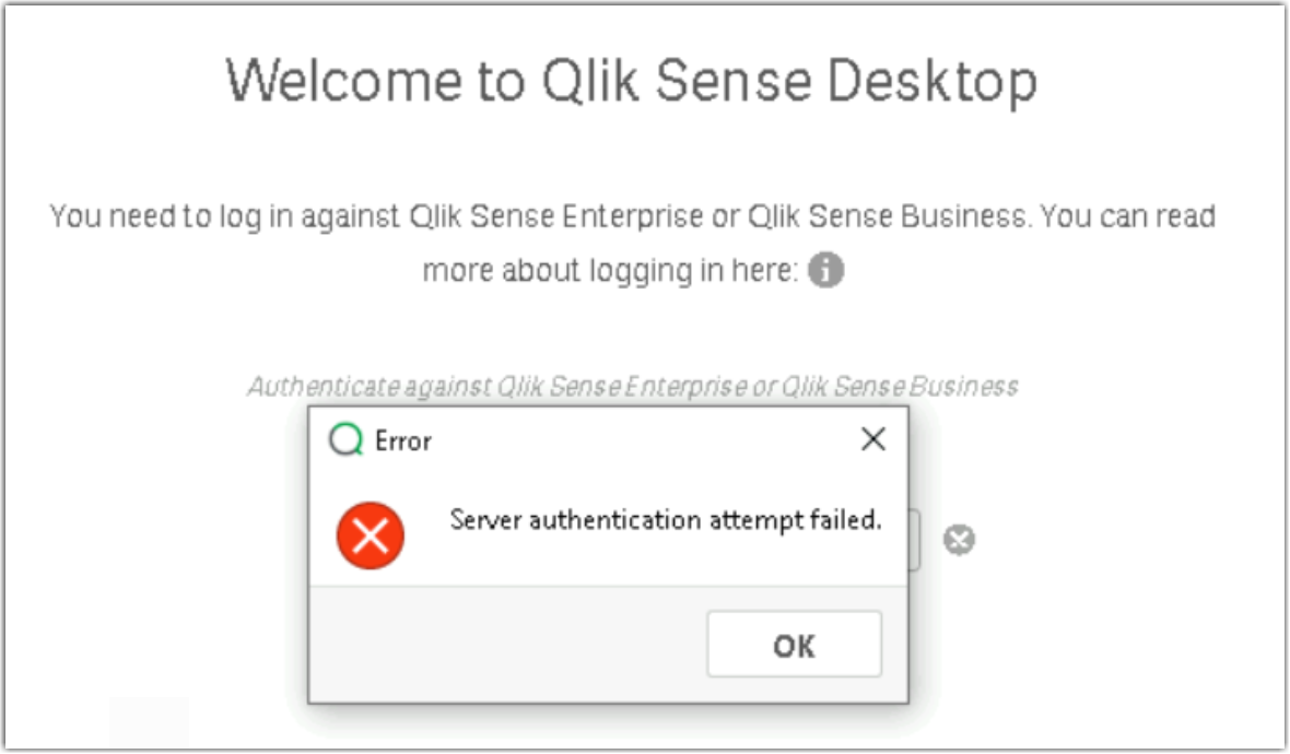 Qlik Sense Desktop: authentication errors out with Server authentication attempt failed